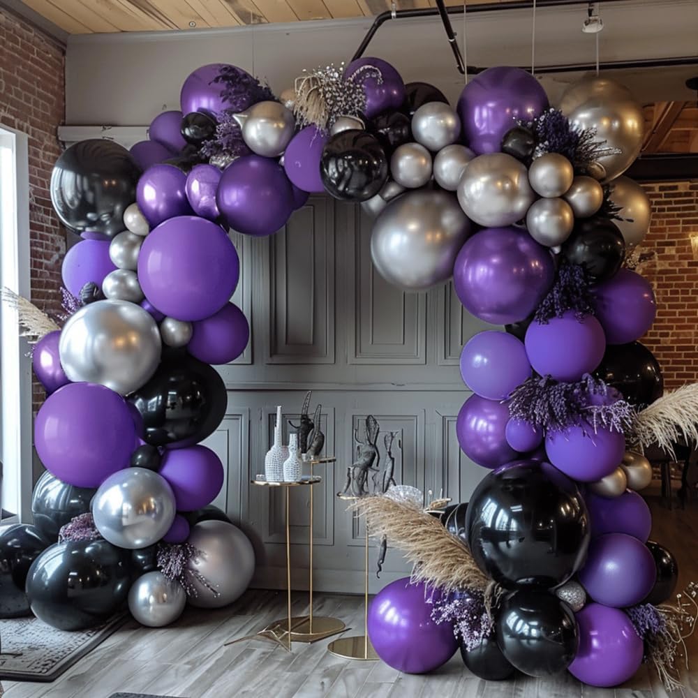 Black Purple Silver Balloon Garland - Double Stuffed Dark Purple Black Balloons Metallic Silver Lavender Lilac Balloon Arch Kit for Halloween Wednesday Birthday Graduation Wedding Party Decoration