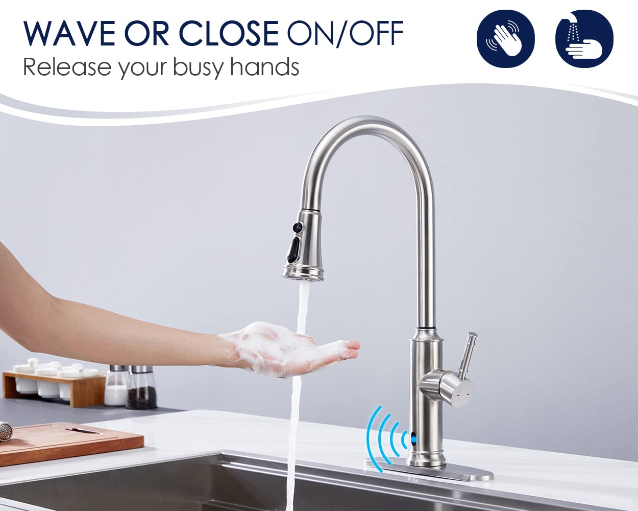 ARRISEA Touchless Kitchen Faucet with Pull Down Sprayer Single Handle 1 or 3 Hole Installation Motion Sensor Smart Activated Hands-Free Kitchen Sink Faucet Brushed Nickel