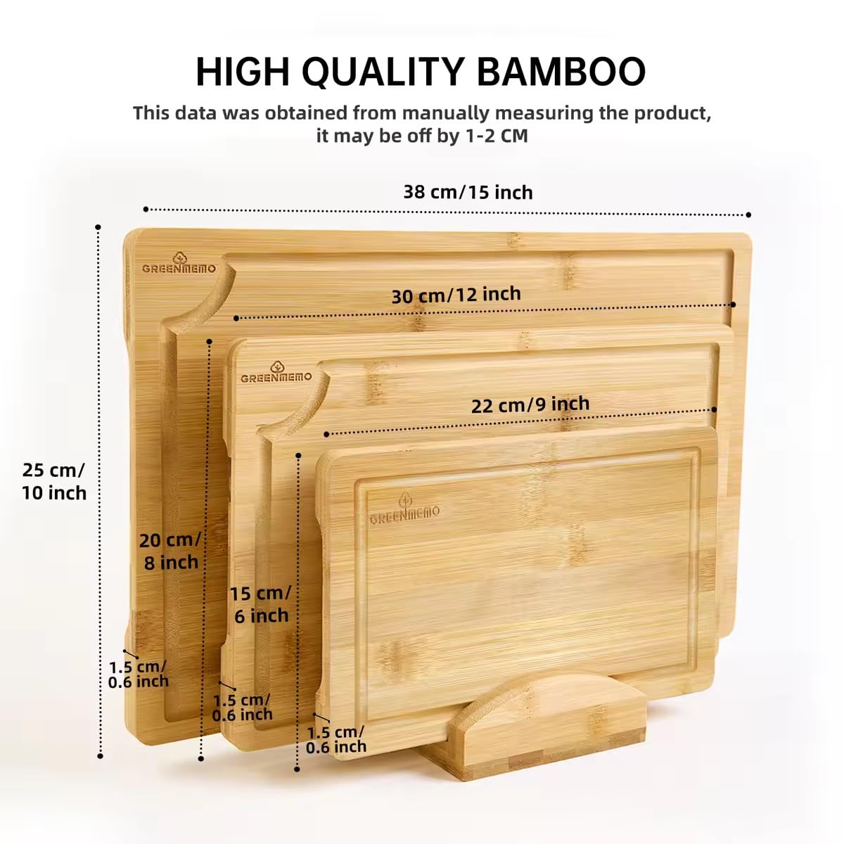 Bamboo Cutting Boards for Kitchen, Wood Cutting Board with Holder, Bamboo Cutting Board Set Reversible with Juice Grooves for Meat Cheese Fruit and Vegetables (Four Piece Set)