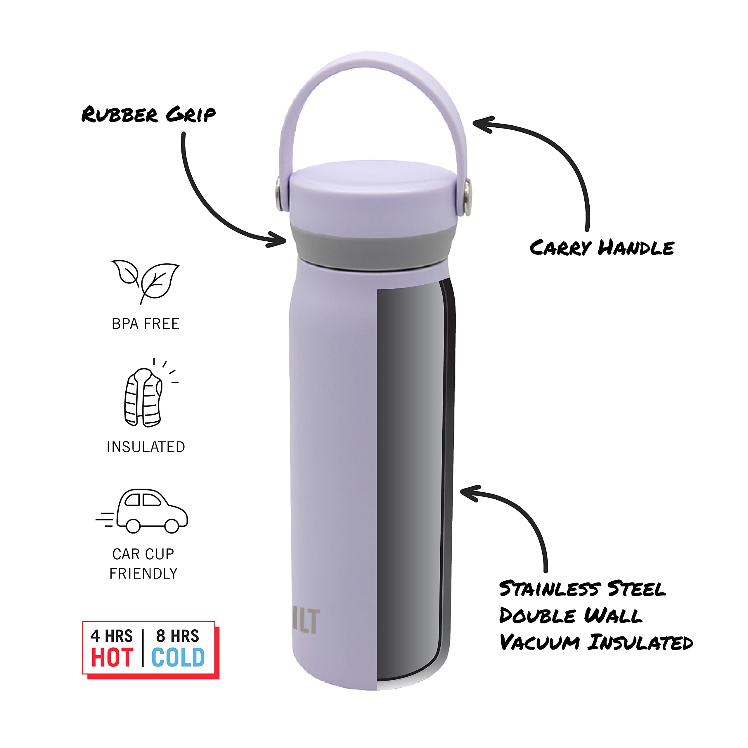 BUILT Cascade Double Wall Vacuum Insulated Stainless Steel Wide Mouth Water Bottle with Comfort Grip and Carry Handle Lid, 20 ounces, Lavendar