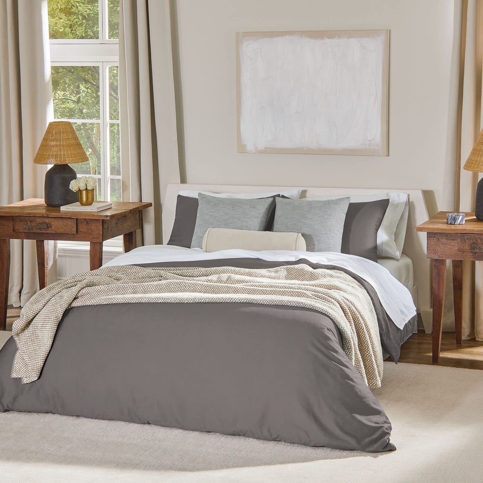 Nate Home by Nate Berkus 200TC 2-Piece Cotton Percale Duvet Cover | Crisp, Cool, Breathable Bedding Set from mDesign - Twin Size - 1 Duvet Cover/1 Pillow Sham, Charcoal (Dark Gray)
