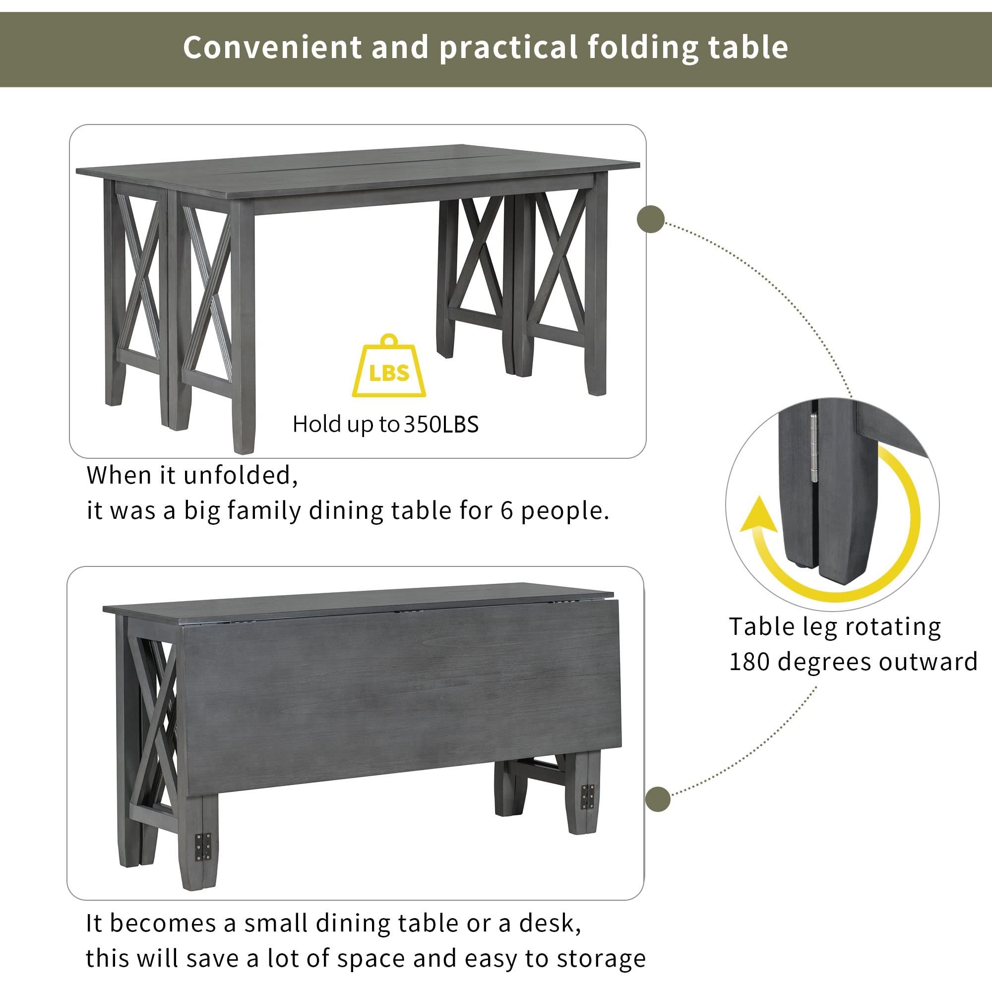 BIADNBZ 6-Piece Dining Table Bench, Foldable Tabletop and 4 Padded Chairs, Solid Wood Kitchen Furniture Set for DiningRoom, Gray