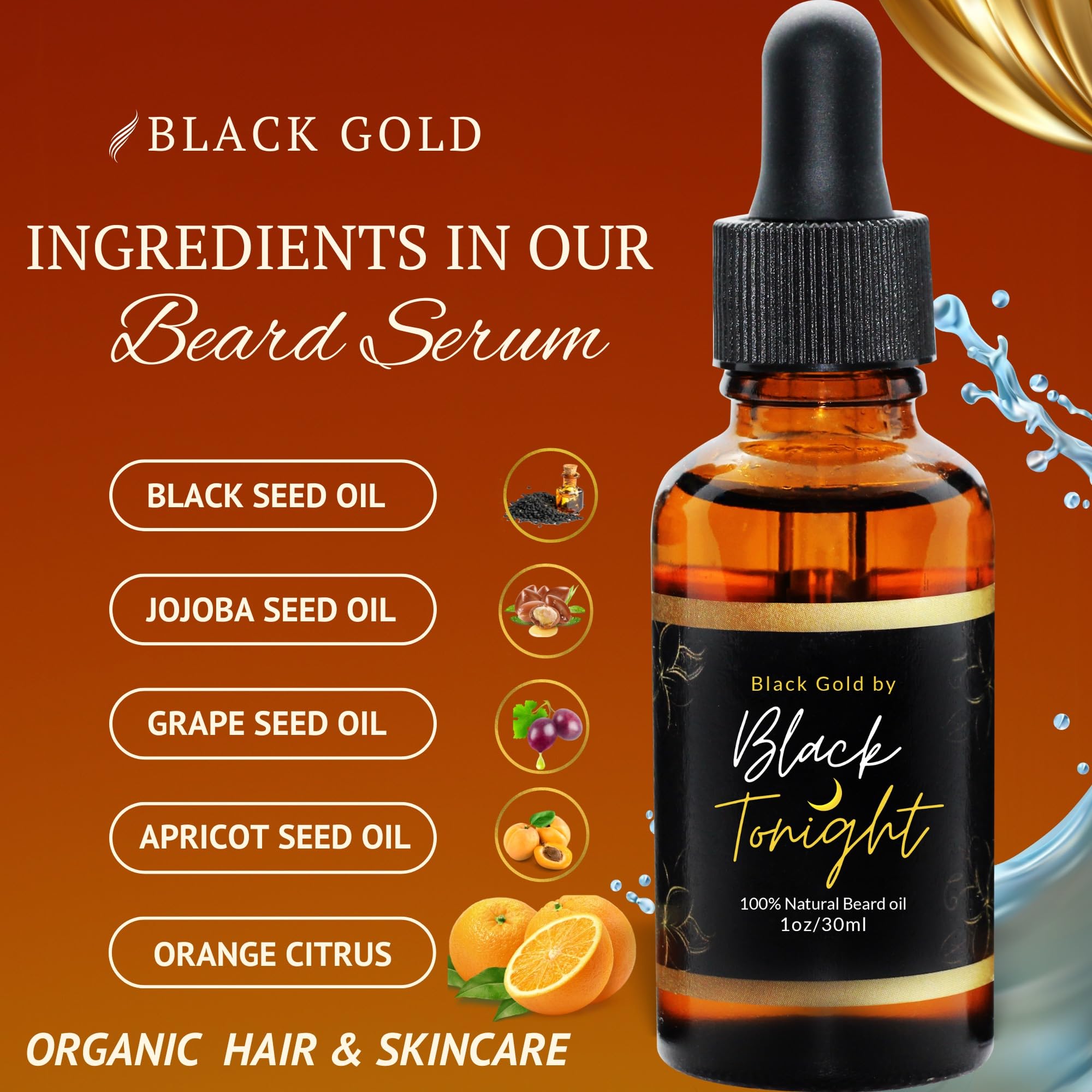 Black Tonight Premium Beard Oil β Organic Beard Growth Serum with Orange Citrus Scent β Luxury Beard & Hair Growth Serum that Softens, Conditions, Strengthens & Protects - 1oz