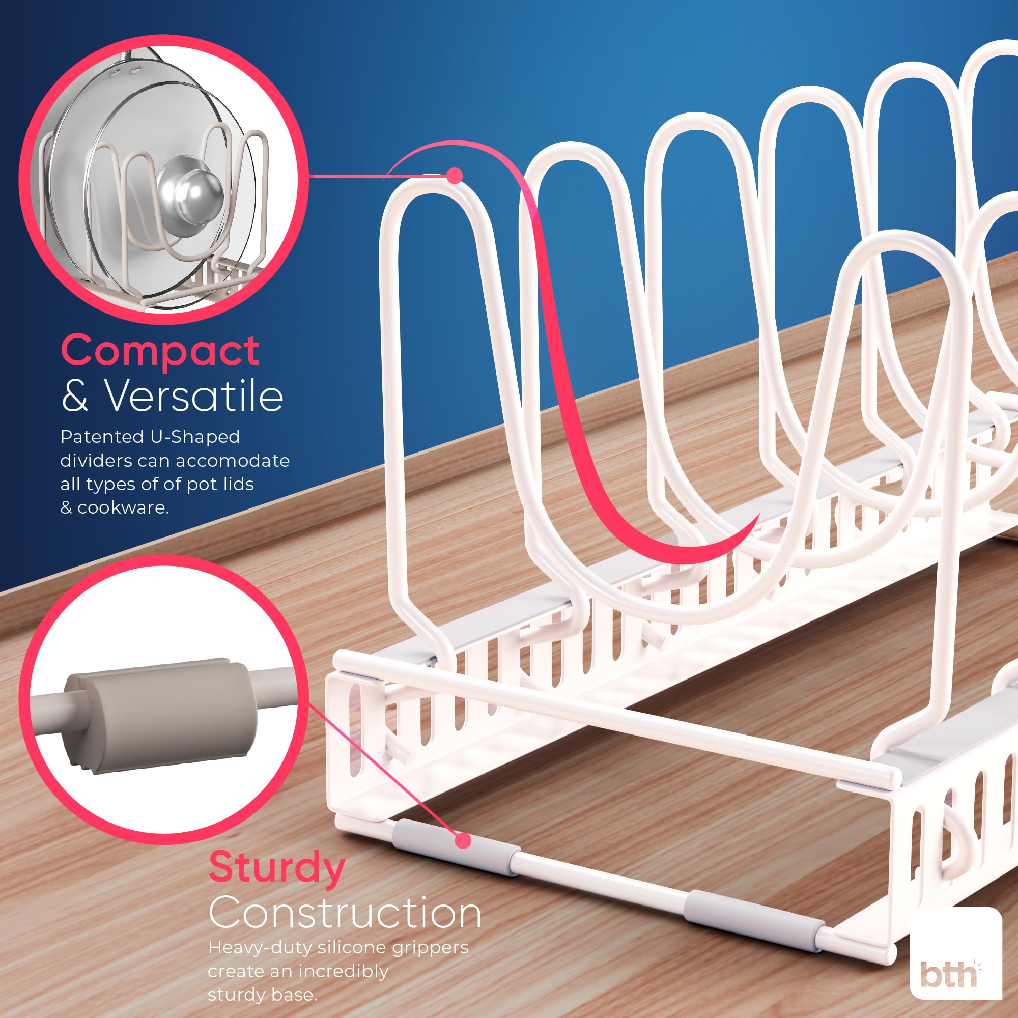 Better Things Home 12+ Expandable Pan and Pot Lid Organizer Rack for Cabinet, Pot Lid Holder Pot Organizers Inside Cabinet, Pots and Pans Organizer Under Cabinet (Off White, LID ORGANIZER)
