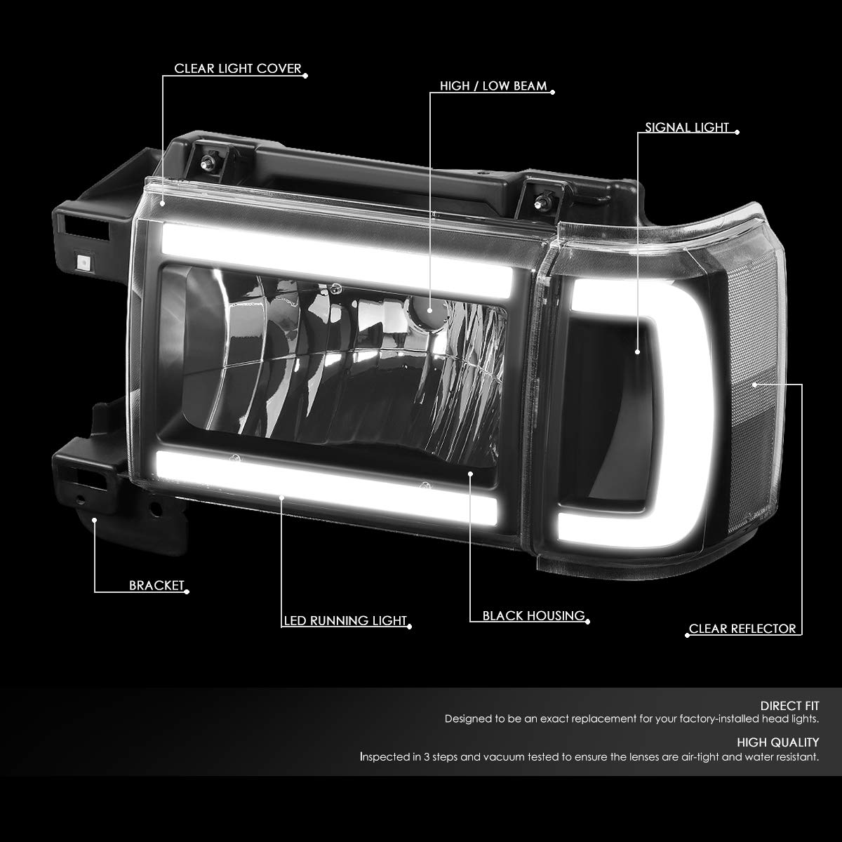 Auto Dynasty LED DRL Headlight Lamps Compatible with Ford F150 F250 F350 Bronco 87-91, Driver and Passenger Side, Black Housing Clear Corner