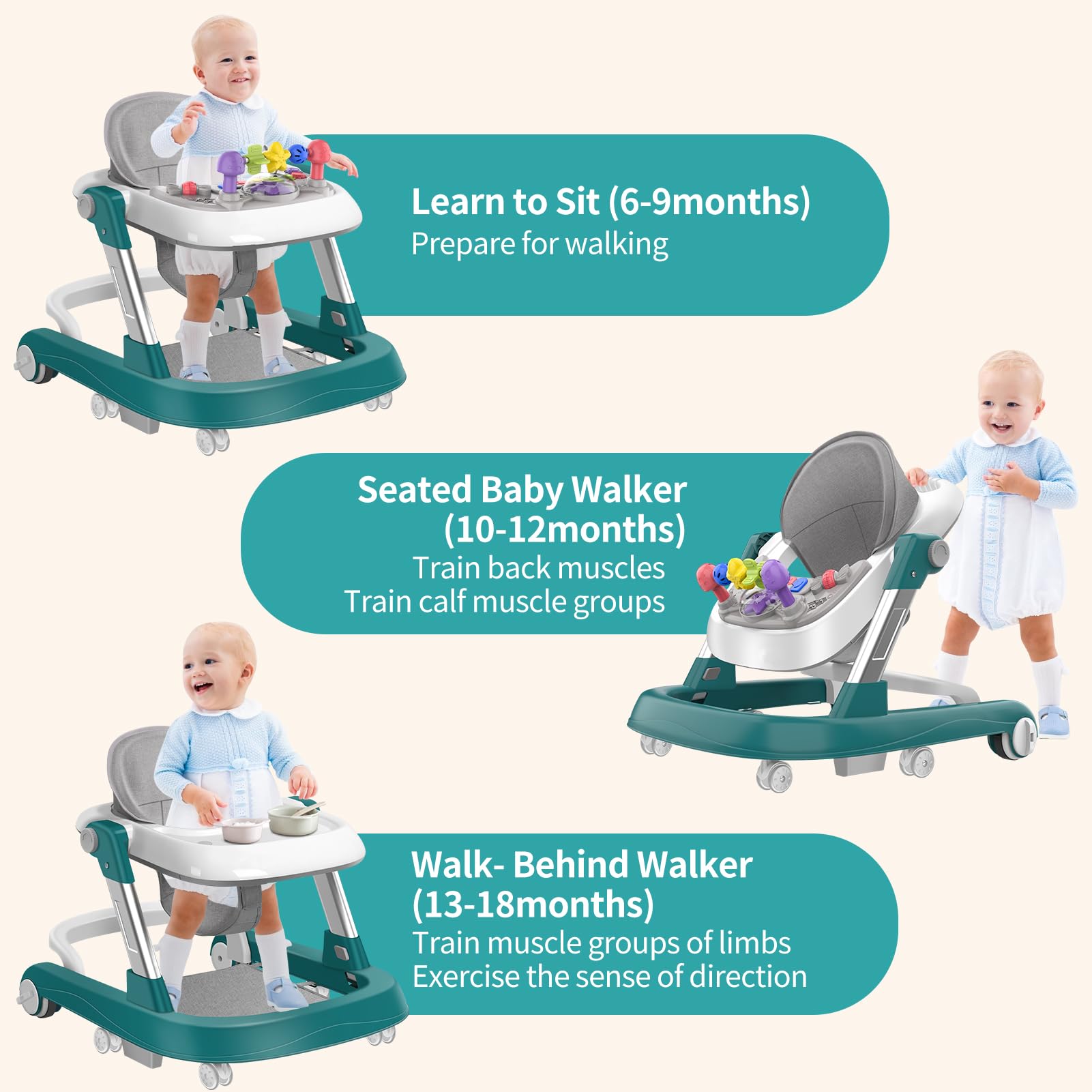 Baby Walker with Wheels, 2-in-1 Activity Walker Learning-Seated, Walk-Behind, Removable Play Tray, Adjustable Height & Speed, Foldable Baby Walker for Boys and Girls from 6-18 Months with Footrest
