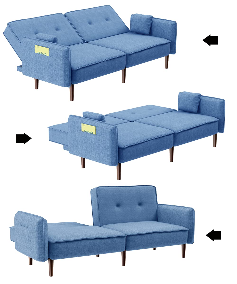 WILLIAMSPACE 75" Futon Sofa Bed, Convertible Sleeper Sofa with Magazine Bag, Small Splitback Sofa with Tapered Solid Wood Leg, Padded Seat and Back, Loveseat Couch for Living Room, Blue Fabric
