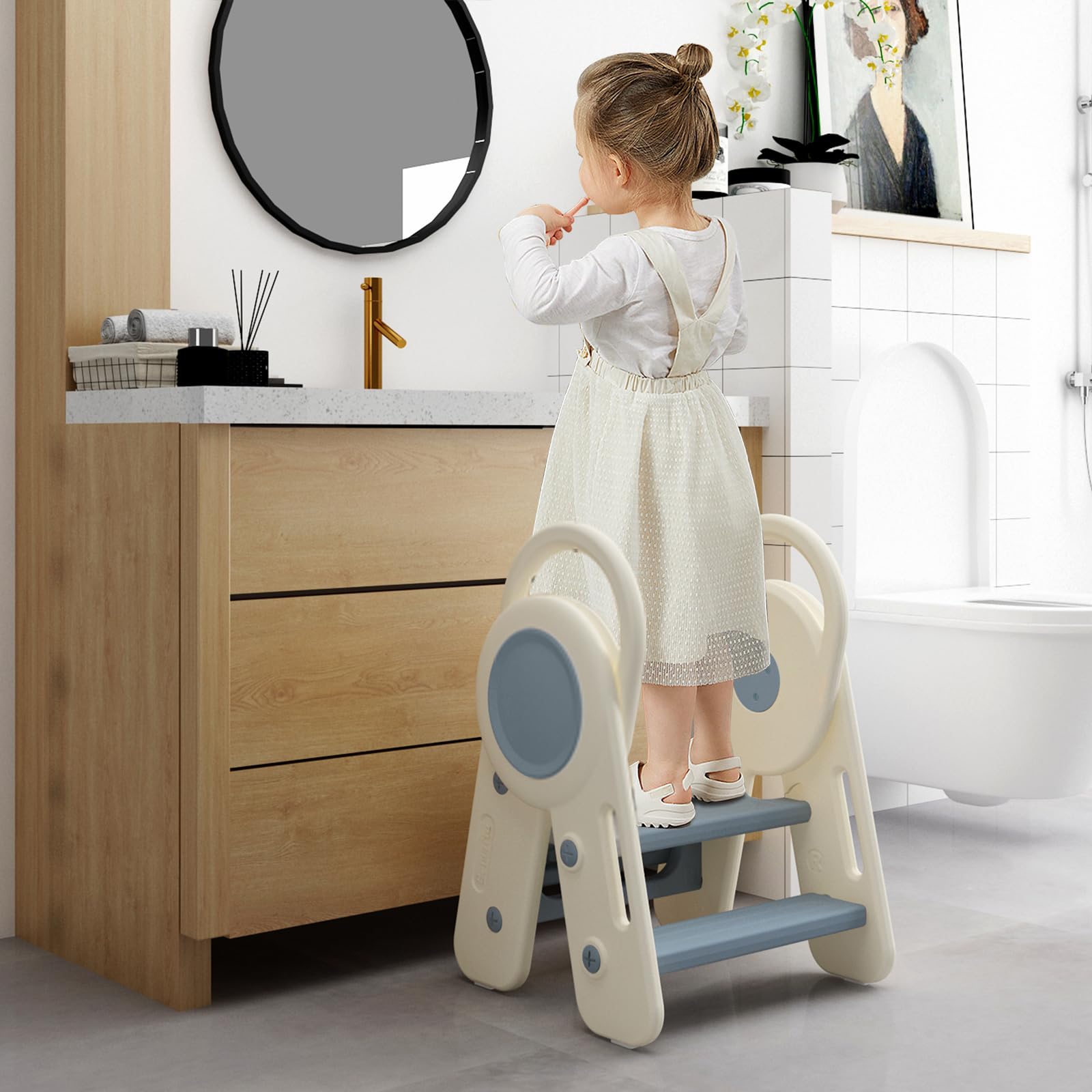 Benarita Step Stool for Toddler 3 Step Stool, Kids Foldable Step Stool for Bathroom Sink, Kitchen Counter Standing Tower, Step Ladder with Handles and Non-Slip Pads for Toilet Potty Training,Blue