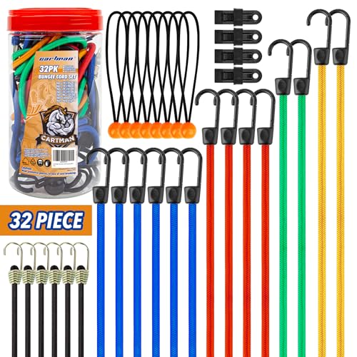 Cartman 32 Piece Bungee Cords Assortment Jar Includes 10" 18" 24" 32" 40" Bungee Cord with Hooks, 8" Canopy Tarp Ball Ties and Tarp Clips