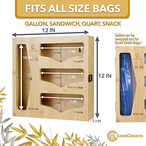 CasaClassics Ziplock Bag Storage Organizer β Eco-Friendly Bamboo Organizer for kitchen drawer β Easy to load Ziplock bags β Wall mountable - Compatible with Ziploc, Solimo, Glad, Hefty for Gallon, Quart, Sandwich, and Snack Variety Size Bag