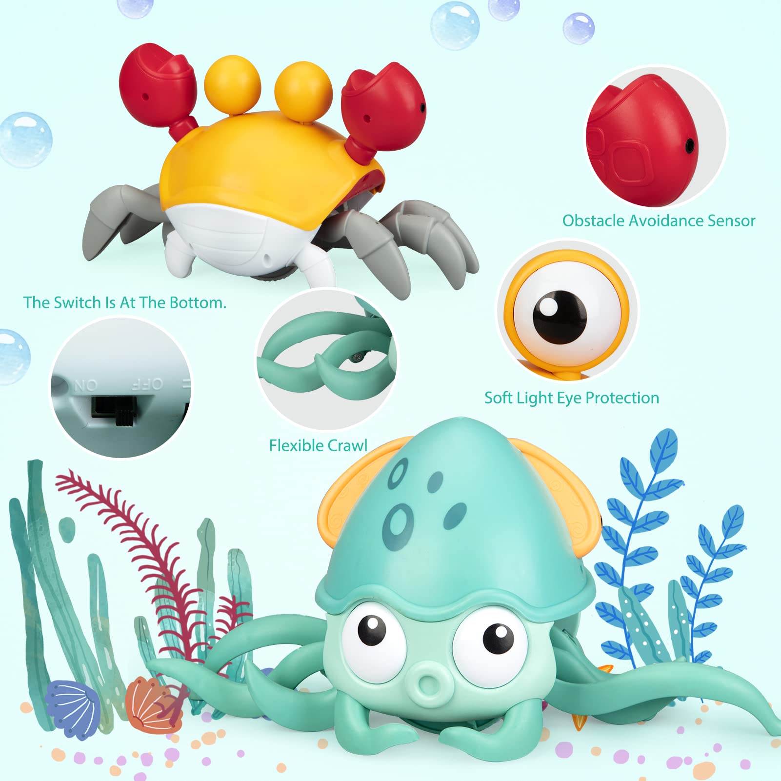 Baby Toys Crawling Crab and Octopus, Toddler Crawling Toys Automatically Avoid Obstacles, LED Light and Music Guide Baby to Crawl, Infant Toys Interactive Learning Development for Newborn Boys Girls