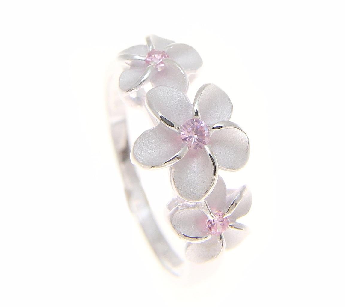 Arthur's Jewelry Sterling silver 925 3 Hawaiian plumeria flower ring pink cz size 10