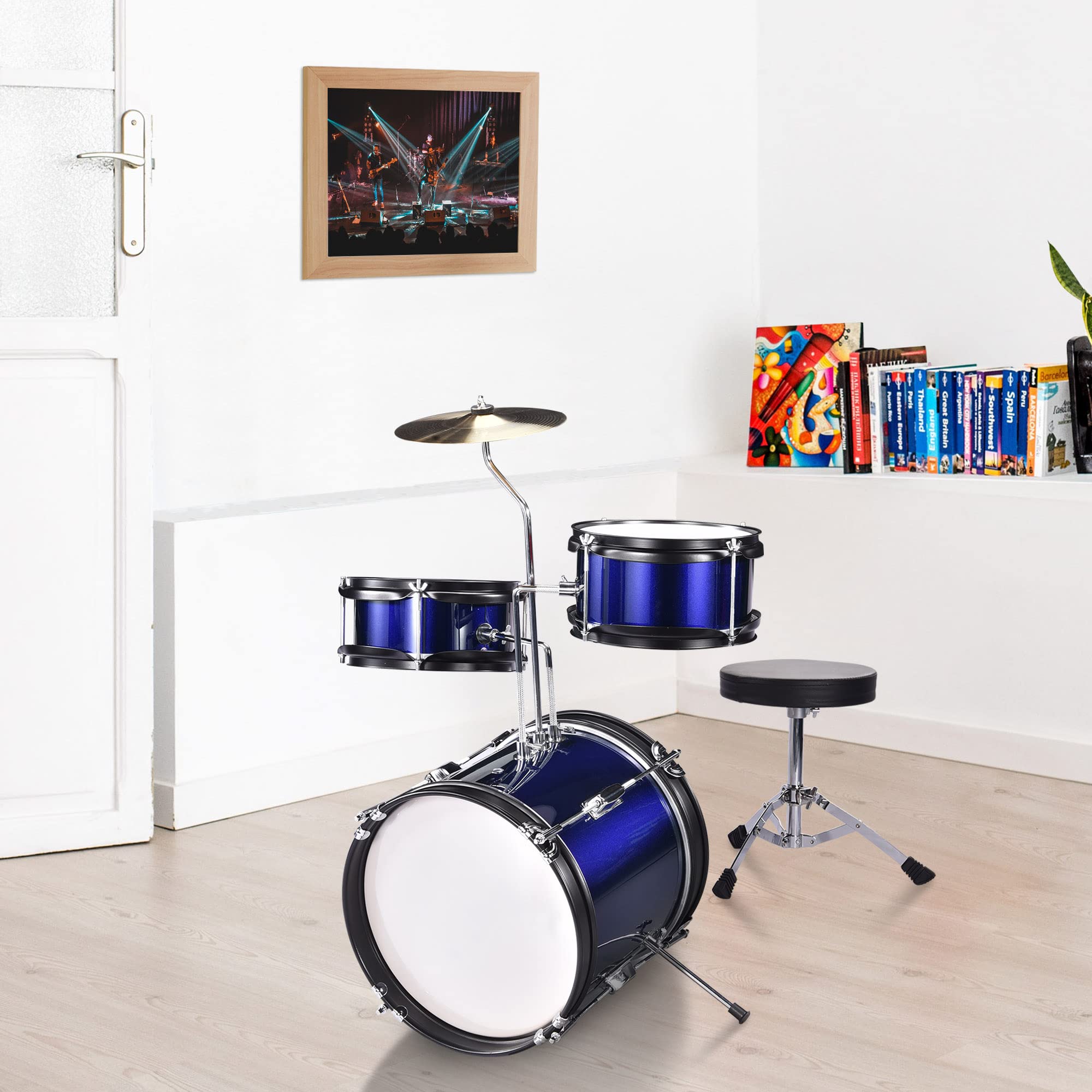 AW 12" 3 Piece Drum Set Kit with Bass Drum Cymbal 4Pcs Drumstick Pedal Throne Stool Age 8-12 Kids Beginner Drum Set