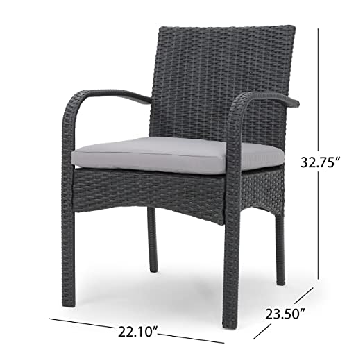 Christopher Knight Home Louise Outdoor Wicker Dining Set with Acacia Wood Table and Bench and Water Resistant Cushions, 6-Pcs Set, Sandblast Light Grey / Black Rustic Metal / Grey / Grey Cushions