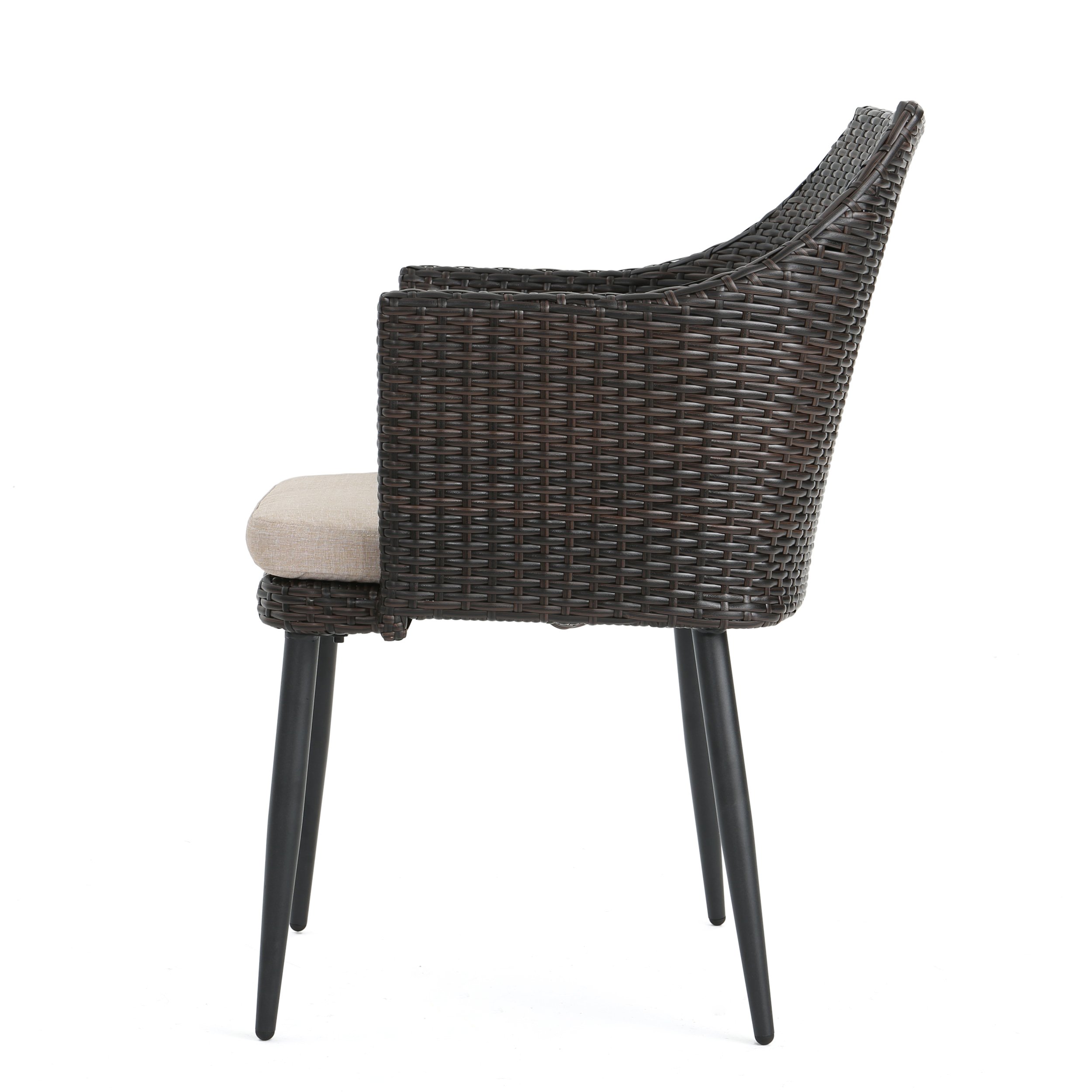 Christopher Knight Home Iona Outdoor Wicker Dining Chairs with Metal Legs and Water Resistant Cushions, 2-Pcs Set, Multibrown / Textured Beige / Dark Brown