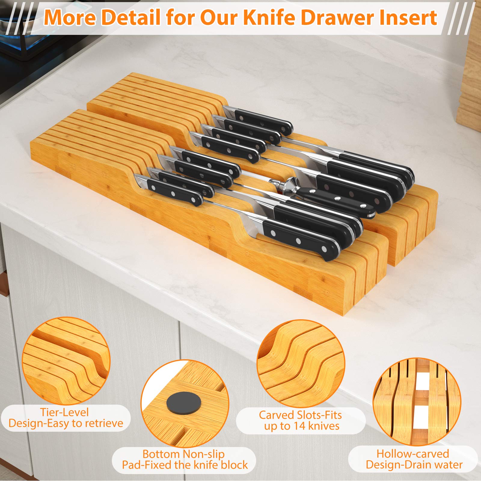Bamboo Knife Block Drawer Organizer Insert In Drawer Knife Holder Storage for Kitchen Hold 14 Knives (Not Included) by FURNINXS