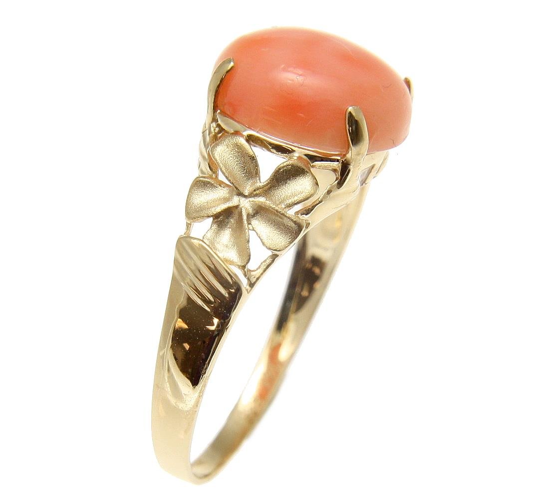 Arthur's Jewelry Genuine natural pink coral ring Hawaiian plumeria flower solid 14k yellow gold