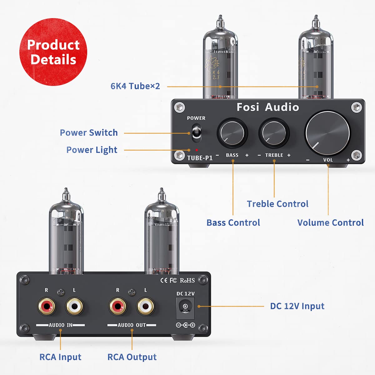 Fosi Audio P1 Tube Preamplifier Mini Hi-Fi Stereo Preamp 6K4 Valve Vacuum Pre-amp with Treble Bass Tone Control for Home Theater HiFi System(not for Turntable)