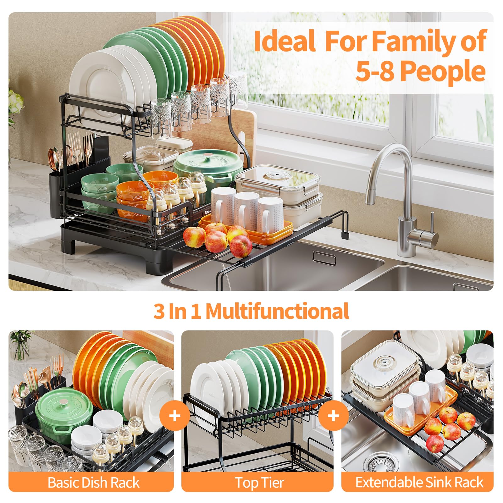 Urackify Extendable Dish Drying Rack, 2-Tier Dish Rack for Kitchen Counter, Large Expandable Dish Drainer Over Sink, 3 in 1 Multifunction Dish Strainer with Drainboard & Cups Holder, Black
