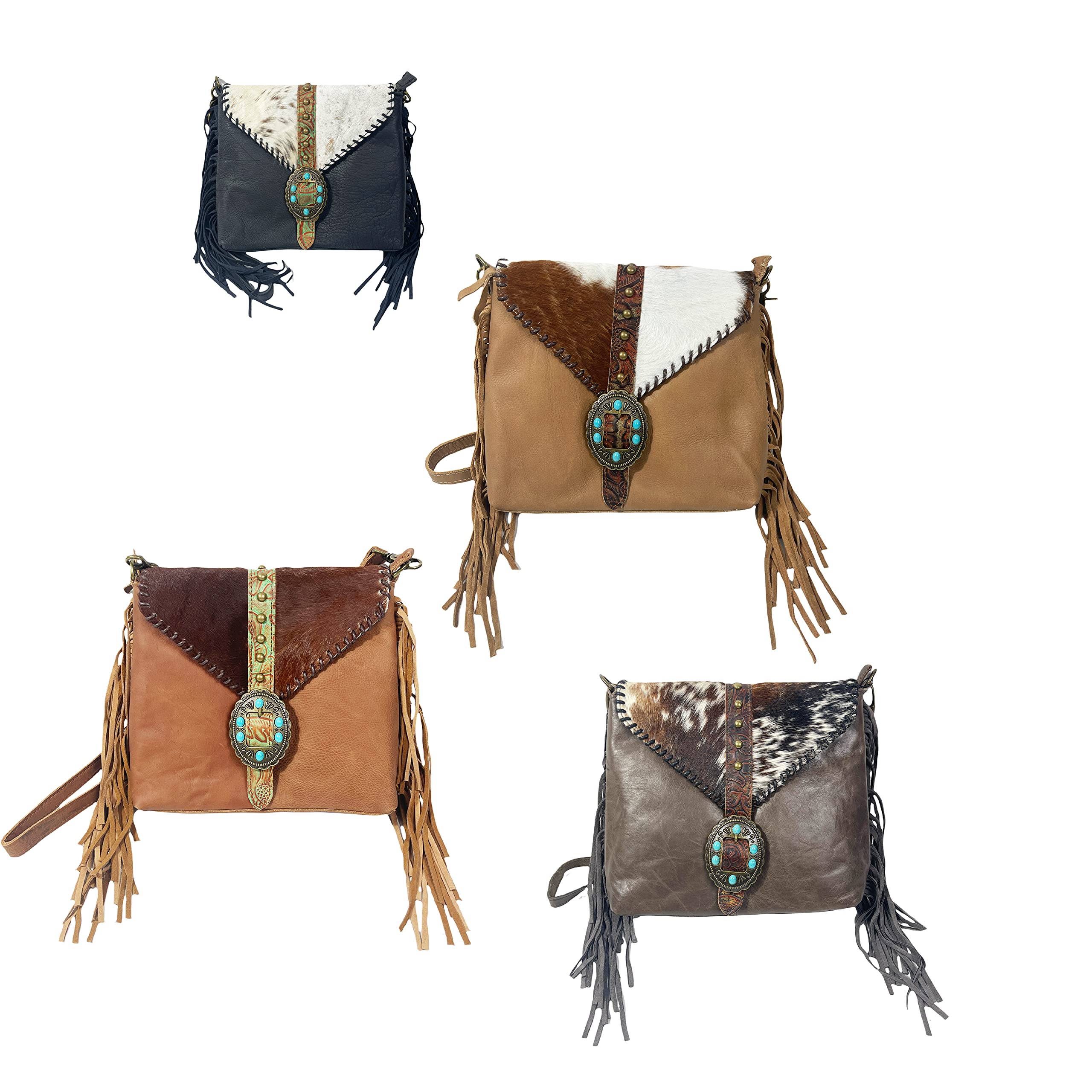 Urbalabs Western Crossbody Fringe Buckle Cowhair Leather Messenger Teal Stone Tooled Tote Bag Hand Stitched Purses (Dark Brown)
