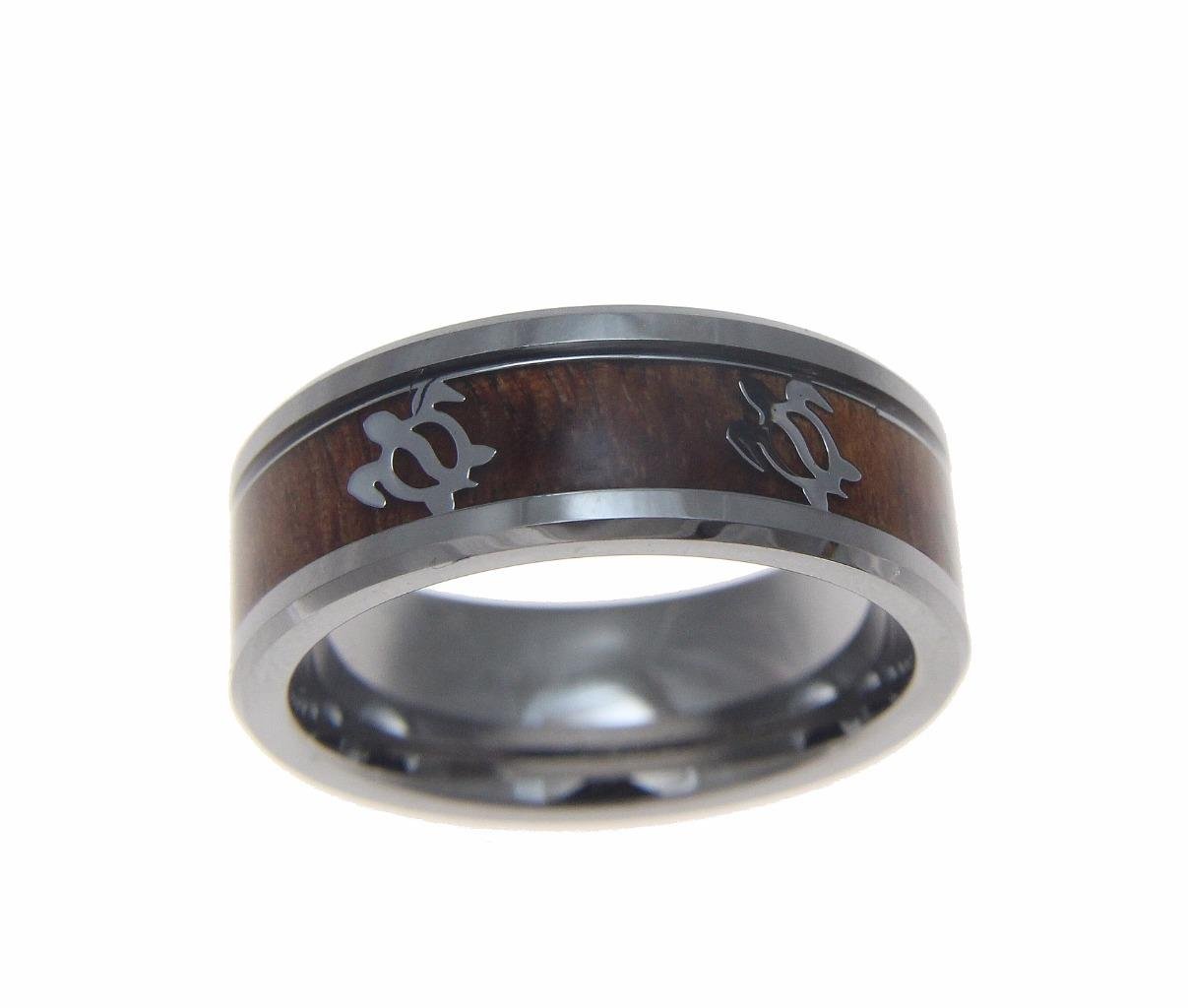 Arthur's Jewelry Genuine inlay Hawaiian koa wood band ring honu turtle tungsten comfort fit 8mm size 8