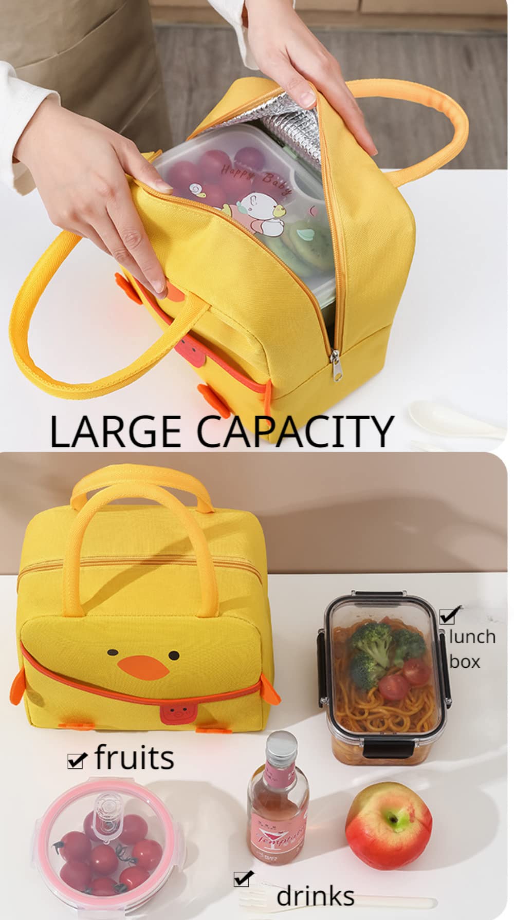 AtbeTa 3D Cute Duck Lunch Bag Large Bento Box Container Insulated Reusable Cooler Tote Office Work Travel Picnic (1 duck)