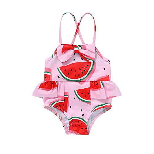 Infant Baby Girl Swimsuit Leopard Backless Swimwear Girl One Piece Halter Ruffle Watermelon Bathing Suit (Watermelon, 90, 9_Months)