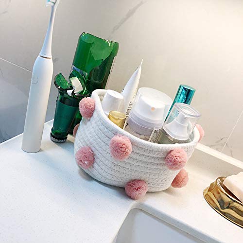 pizarra Cotton Woven Storage Basket Cute Pompom Decor Sundries Finishing Box Nordic Cosmetic Toys Organizer Pink S