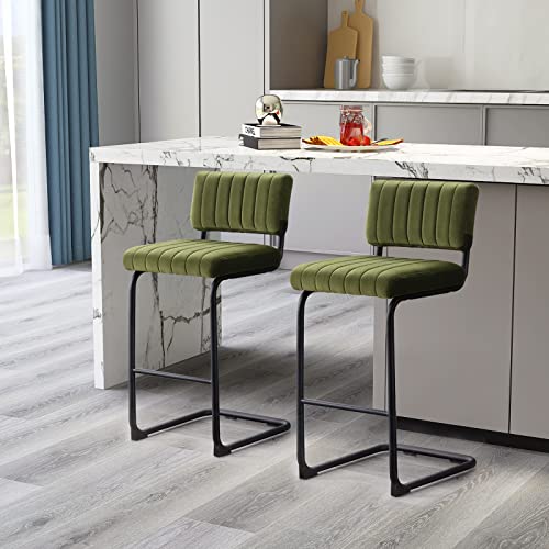 ONEVOG Modern Counter Height Stools with Velvet Backrest, 24Inch Solid Metal Legs Bar Stool Set of 2, Barstools for Kitchen Dining Party, Sturdy Bar Chairs (Green)