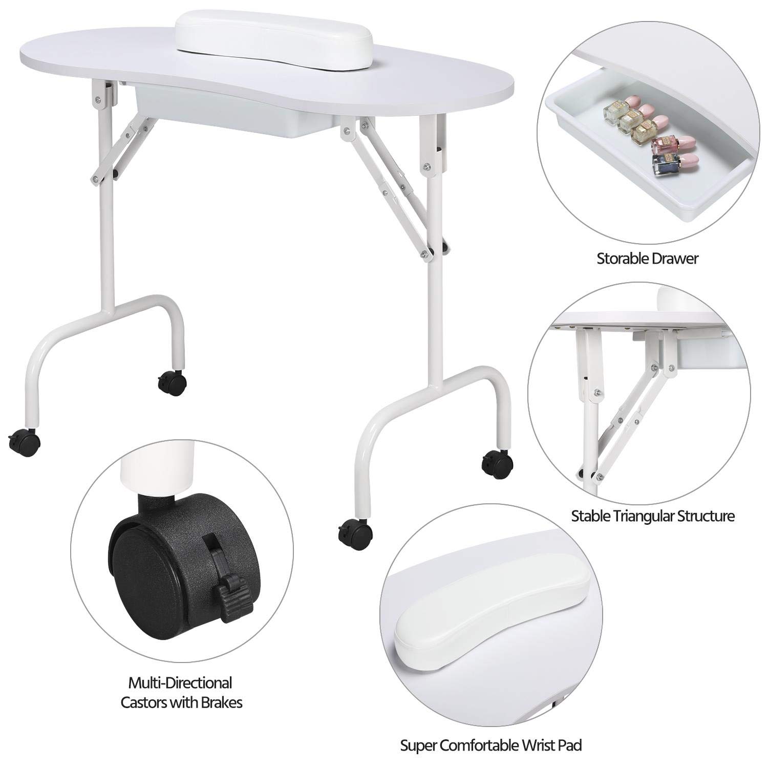 Yaheetech 37-inch Portable & Foldable Manicure Table Nail Desk Workstation with Large Drawer/Client Wrist Pad/Controllable Wheels/Carrying Case for Spa Beauty Salon White, 1 Count (Pack of 1)