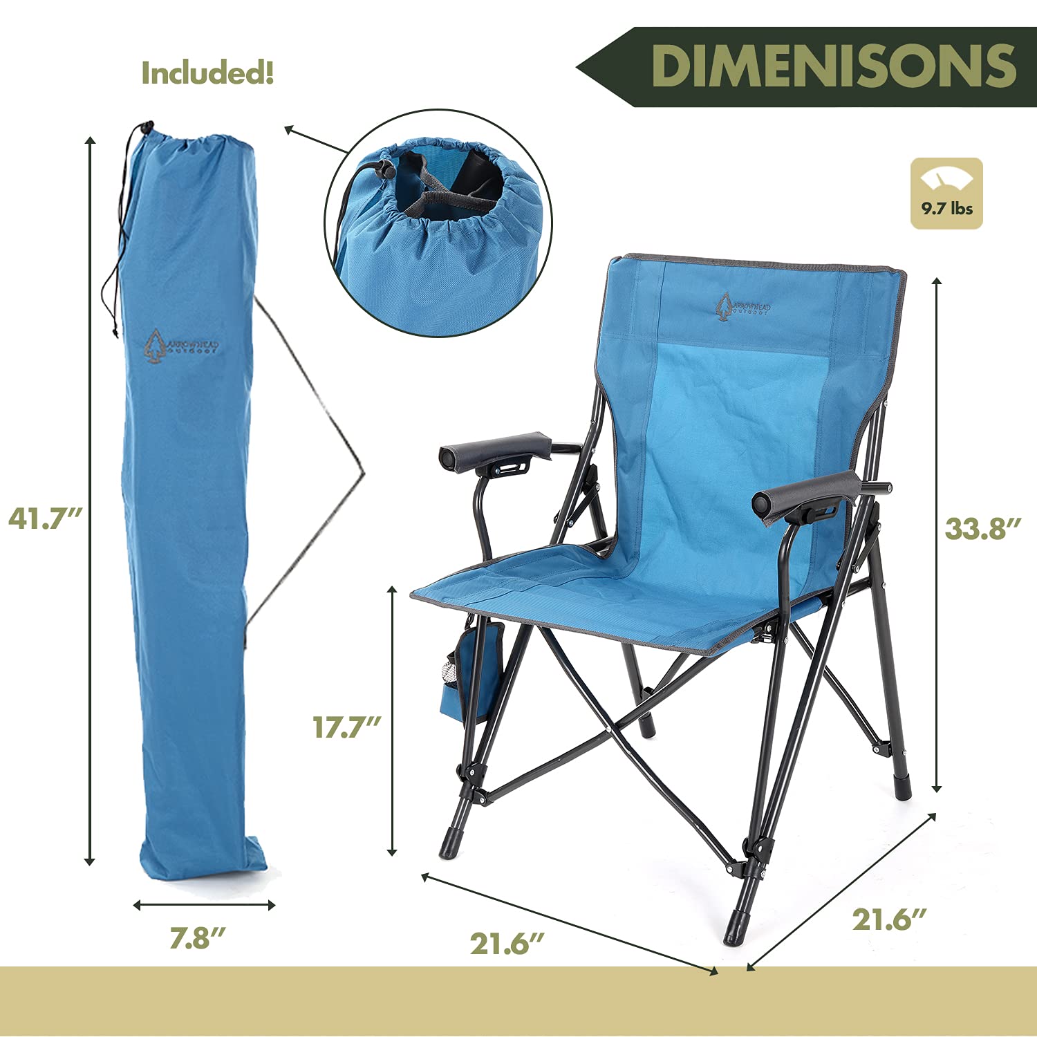 ARROWHEAD OUTDOOR Portable Solid Hard-Arm High-Back Folding Camping Quad Chair, Heavy-Duty Carrying Bag, Cup Holder Included w/Side Pouch, Supports up to 300lbs, USA-Based Support (Blue)