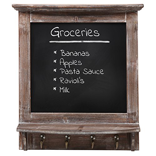 MyGift® Wall Mount Country Rustic Brown Wood Framed Memo Chalkboard Wall Organizer with 4 Key Hooks