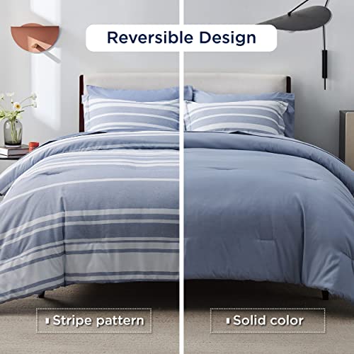 Bedsure Bed in a Bag Queen 7 Pieces - Blue Striped Comforter Set Queen All Season Bed Set, Bed Set Queen Size with 1 Comforter, 1 Flat Sheet, 1 Fitted Sheet, 2 Pillowcases & 2 Shams