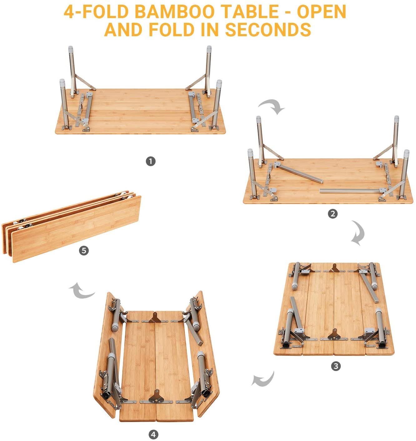 ATEPA Bamboo Folding Table Portable Camping Table with Carry Bag Heavy Duty Adjustable Height Bamboo Table, Easy to Carry and Clean, Great for Outdoor Picnic Beach Backyard, 31.5"(L) x 23.6"(W)