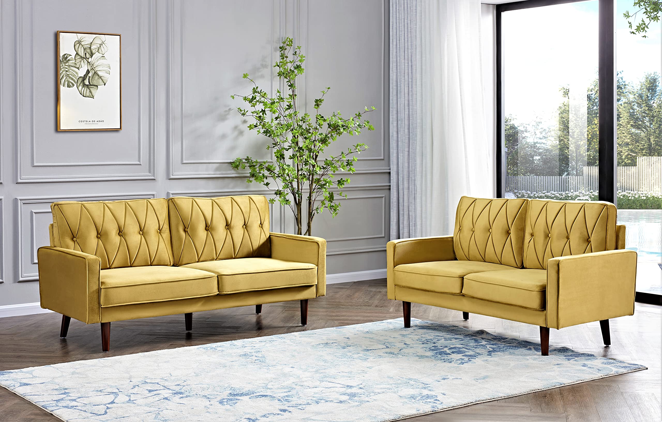 Container Furniture Modern Style Tufted Velvet Couch for Living Room with Soft Fabric Upholstery and Solid Wood Frame, 57.5'' Wide Loveseat, Yellow Green