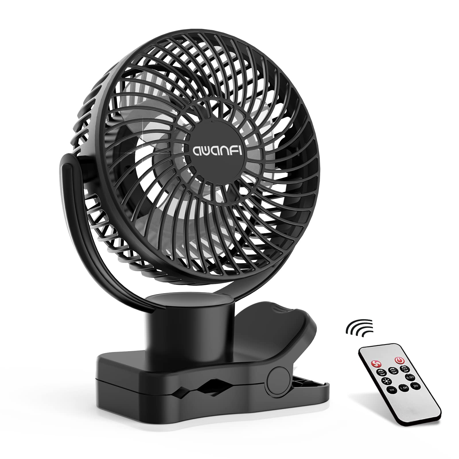 AWANFI Oscillating Fan with Remote, Camping Fan with LED Light, 4 Speeds, Hanging Hook, Clip On Fan for Tent, Desk, Stroller, Camping, Office, Home