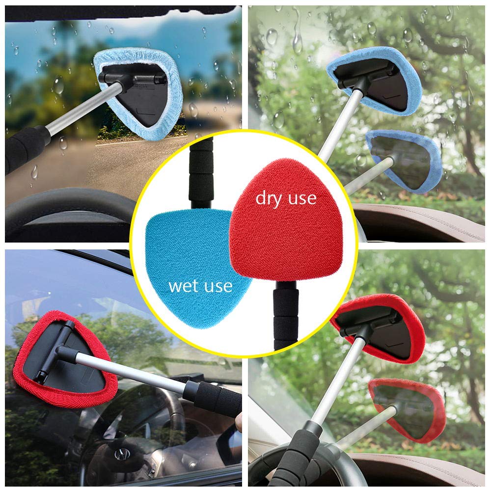 AutoEC Auto Car Windshield Cleaner, Extendable Handle Window Cleaner Brush Kit Comes with 4 Packs Washable and Reusable Pads(2 Wet Use 2 Dry Use)