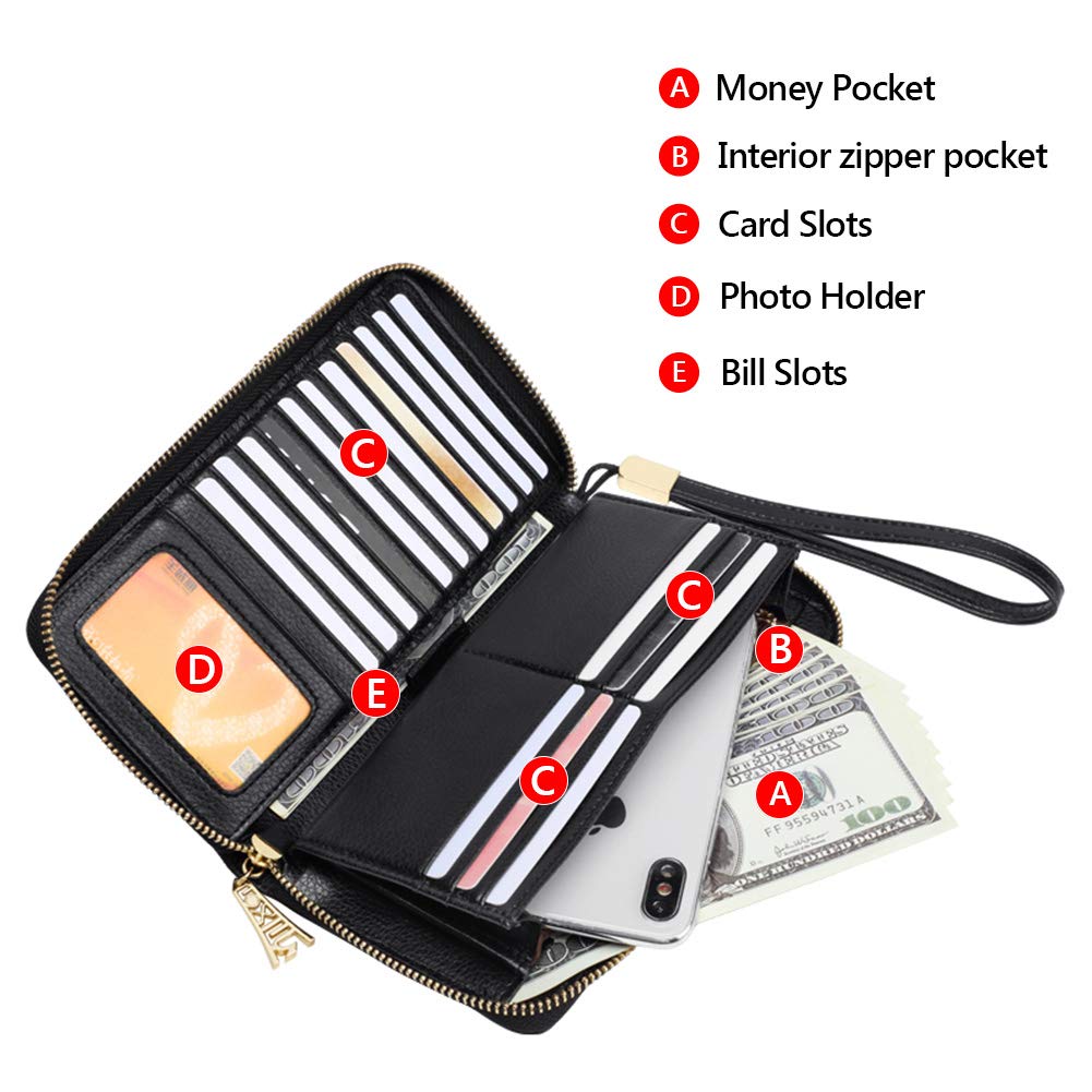 FOXER Leather Zip Around Wallets for Women, Genuine Leather RFID Blocking Gift Box Packing 17 Card Slots Ladies Long Purses with Zipper Coin Pocket Women's Clutch Wallets with Wristband (Black)