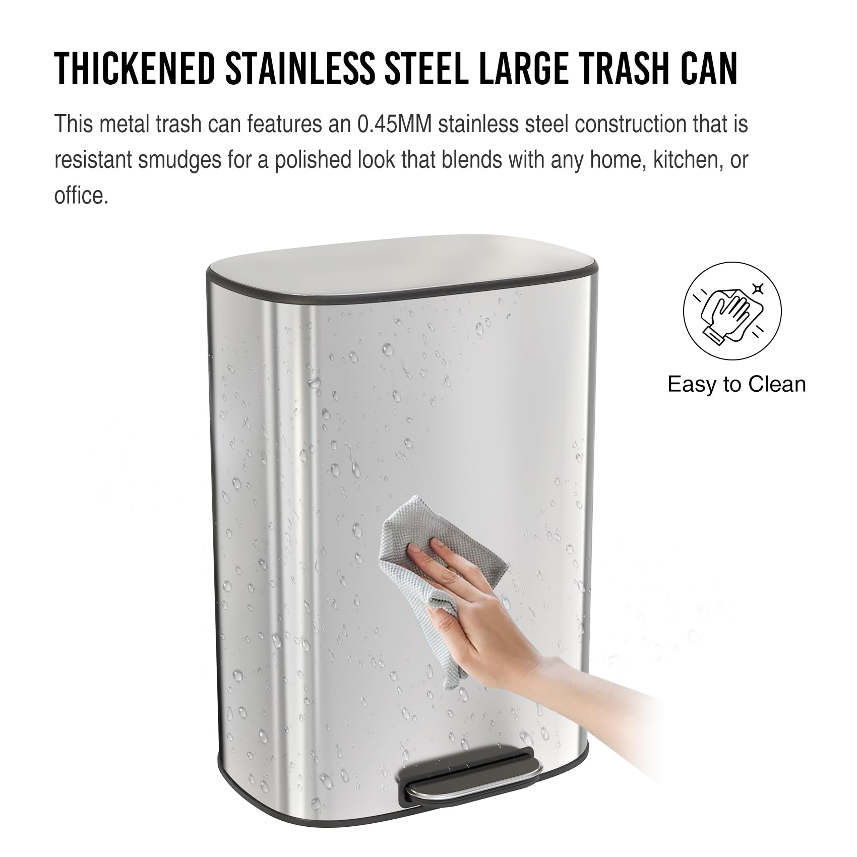 Fulocseny Oval Pedal Trash Can, 13 Gallon/50L, Soft-Close Silent Lid and 30 Garbage Bags, Stainless Steel Thickened Body Garbage Can for Kitchen, Commercial, Office, Living Room - Silver
