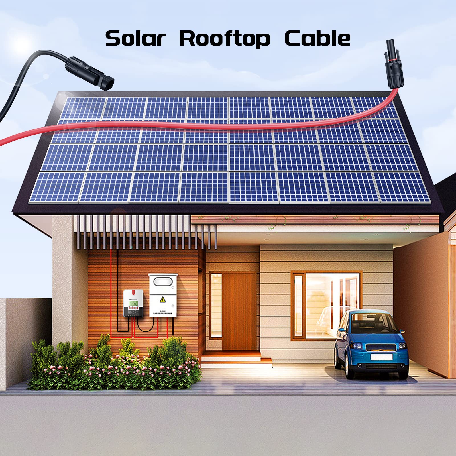 Bateria Power 20FT 10AWG(6mm²) Solar Panel Extension Cable, with Female and Male Connectors and Extra Free Spanners, Solar Panel Adaptor Kit Tool(20FT Red + 20FT Black)