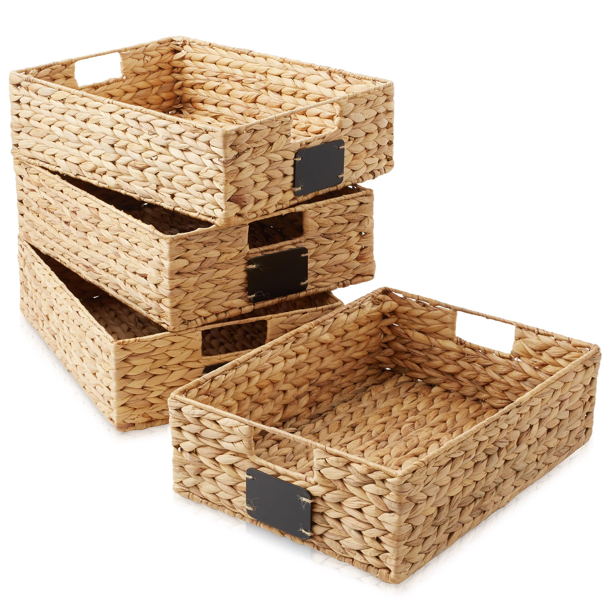 Casafield Set of 4 Water Hyacinth Pantry Baskets, 12-1/2" x 17" x 5", with Chalkboard Labels and Chalk Marker - Natural, Woven Storage Bin Organizers for Kitchen Shelves