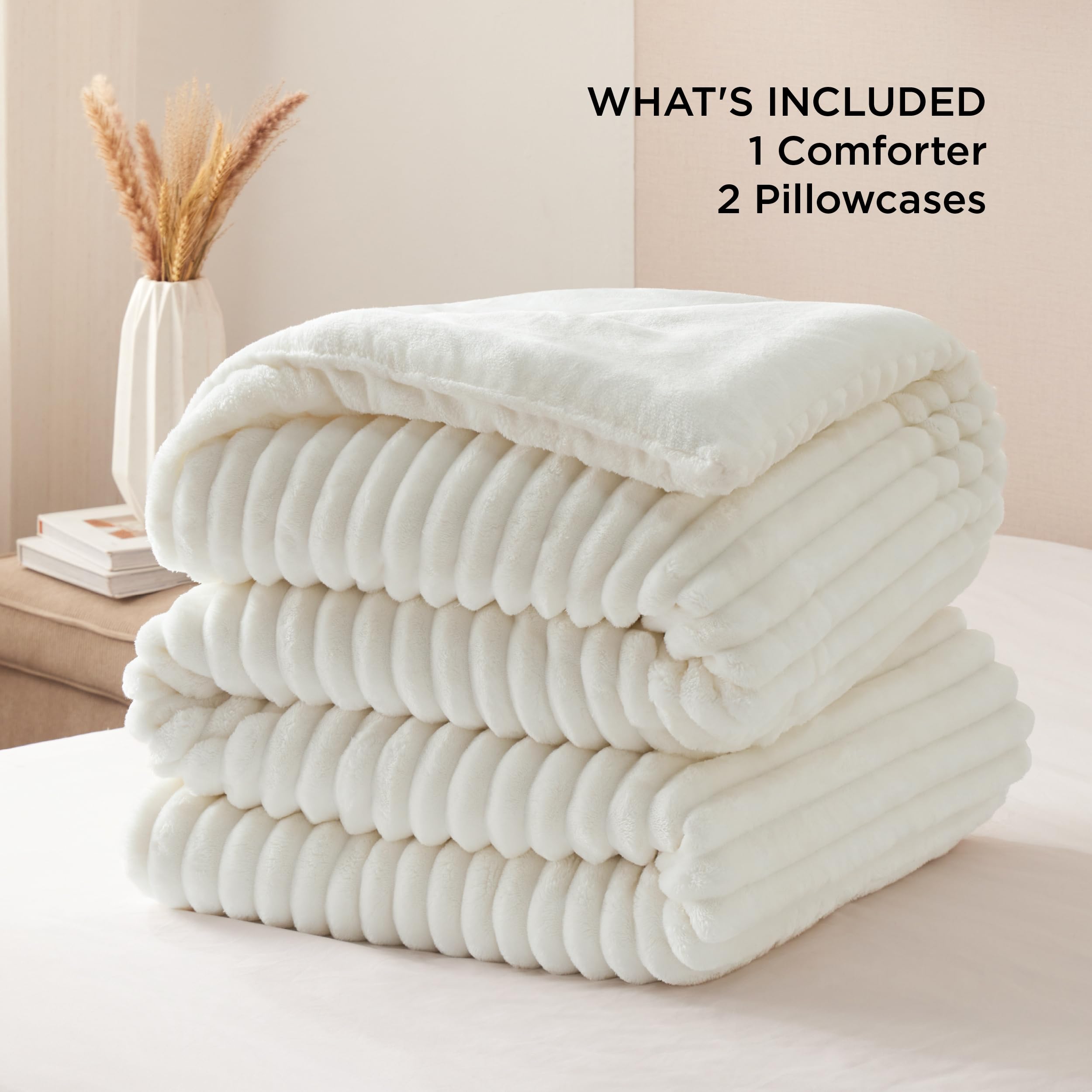 Bedsure Fluffy Comforter Set King - Super Soft Faux Fur Comforter King Size Cream White, Winter Warm Fleece Bedding Set, Plush Fuzzy Bed Set, 3 Pieces, 1 Shaggy Comforter with 2 Pillowcases