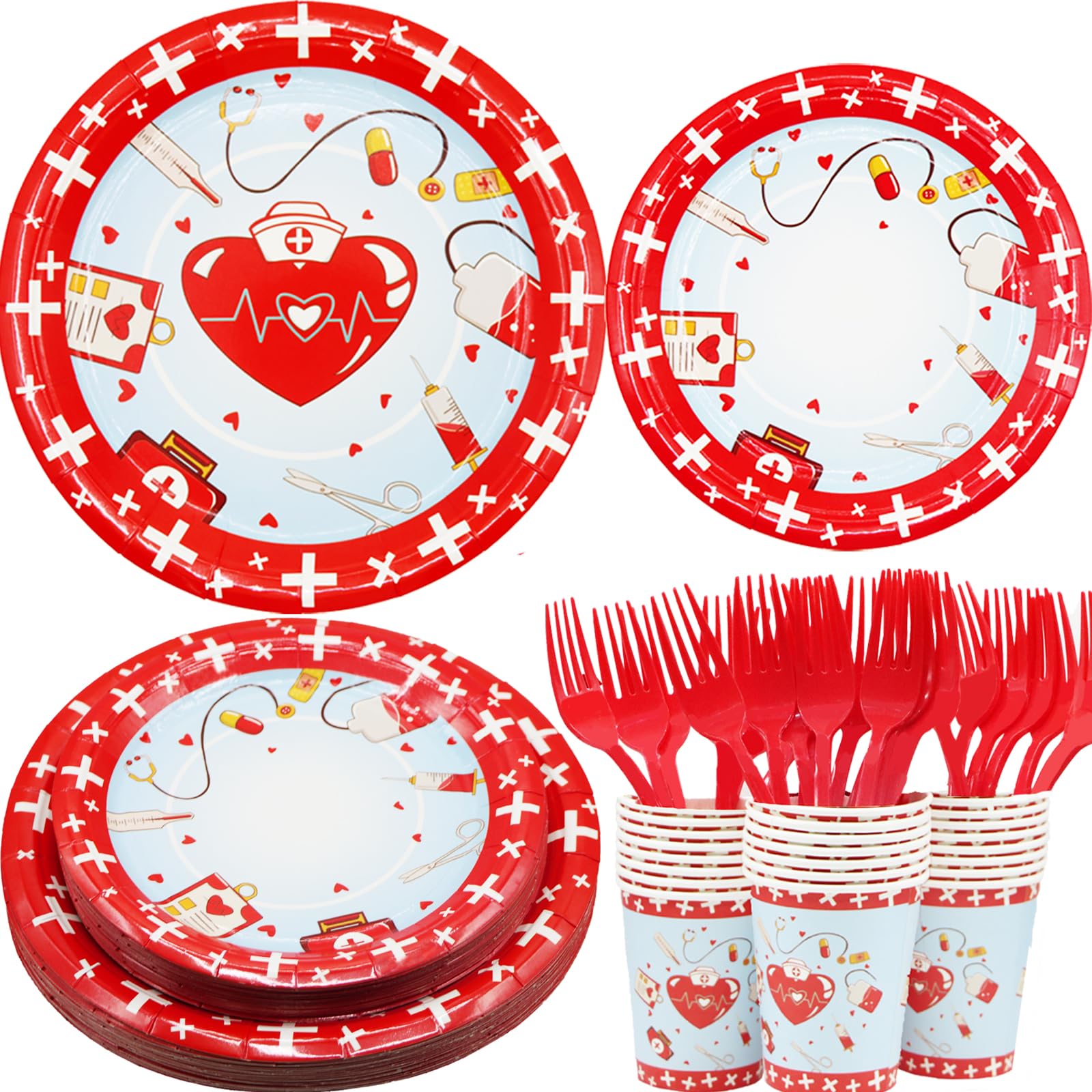 Decodinli 100 PCS Nurse Graduation Party Supplies, Nurse themed Disposable Plates,Cups, Napkins and Forks for Nurse Day, Doctors Day and Medical School Graduation, Serves 25