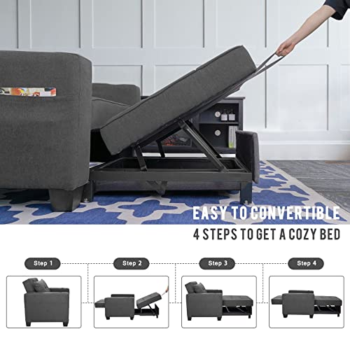 DURASPACE Futon Sofa Bed, 3 in 1 Convertible Sofa Chair Bed, Adjustable Backrest Chair, Chaise Lounge with USB Ports, Cup Holder, Side Pocket, Storage Box for Living Room (Dark Gray Linen)