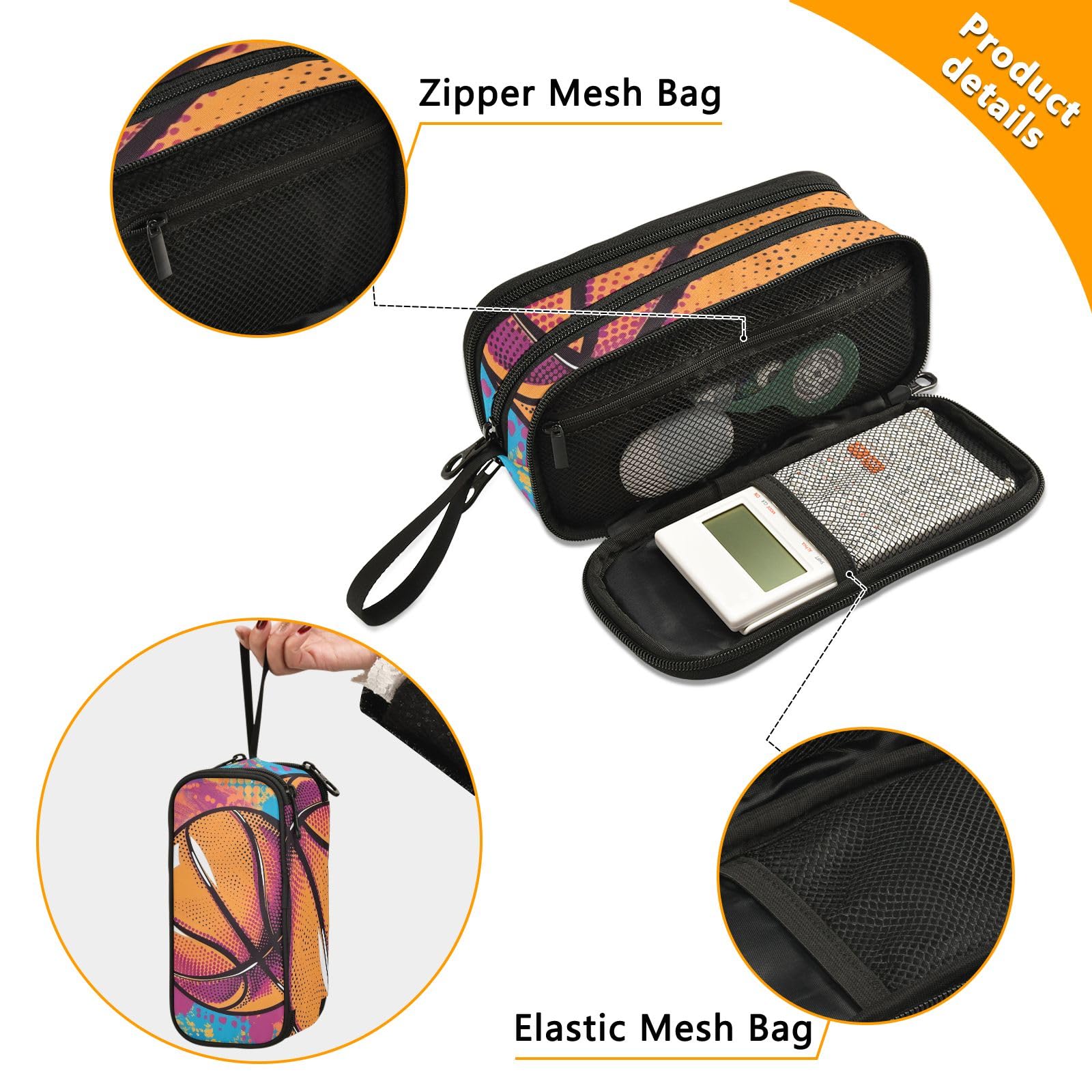 Bolaz Basketball Pop Art Design Pencil Case Large Capacity Pen Bag with Compartment Students Stationery Organizer Pencil Pouch Marker Case for School Office Work