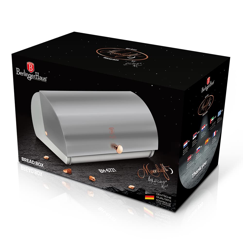 Berlinger Haus Stainless Steel Bread Box for Kitchen Countertop and Kitchen Knife Set with Block 8 Piece, Silver