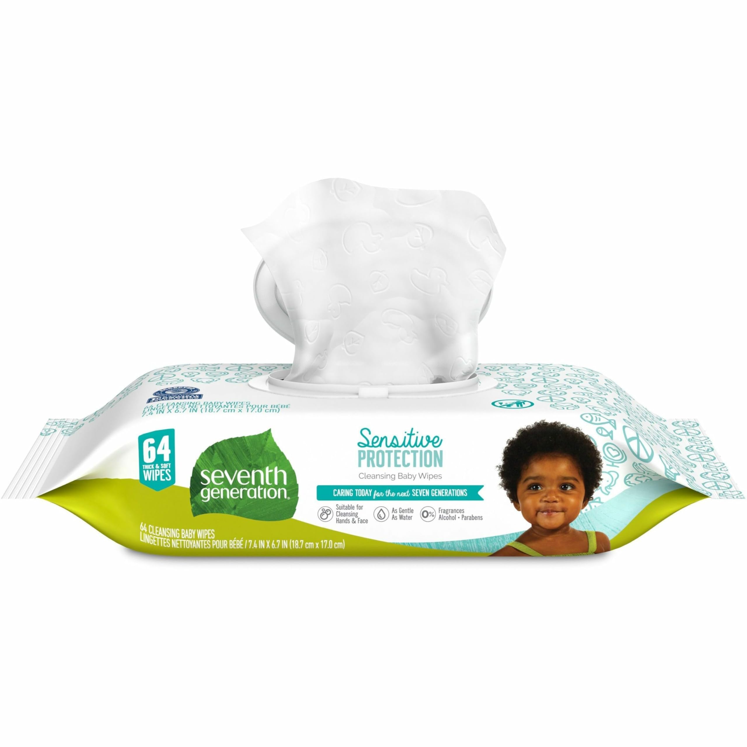 Seventh Generation Free & Clear Baby Wipes with easy open top, 64 count packs (pack of 6) (384 wipes)