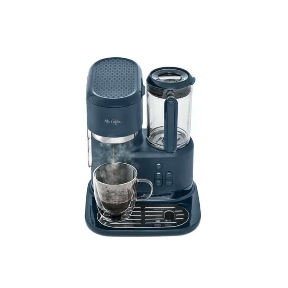 Mr. Coffee 3-in-1 Single-Serve Frappe, Iced & Hot Coffee Maker & Blender w/Reusable Filter, Scoop, Recipe Book, 2 Tumblers, Lids and Straws, Navy Blue