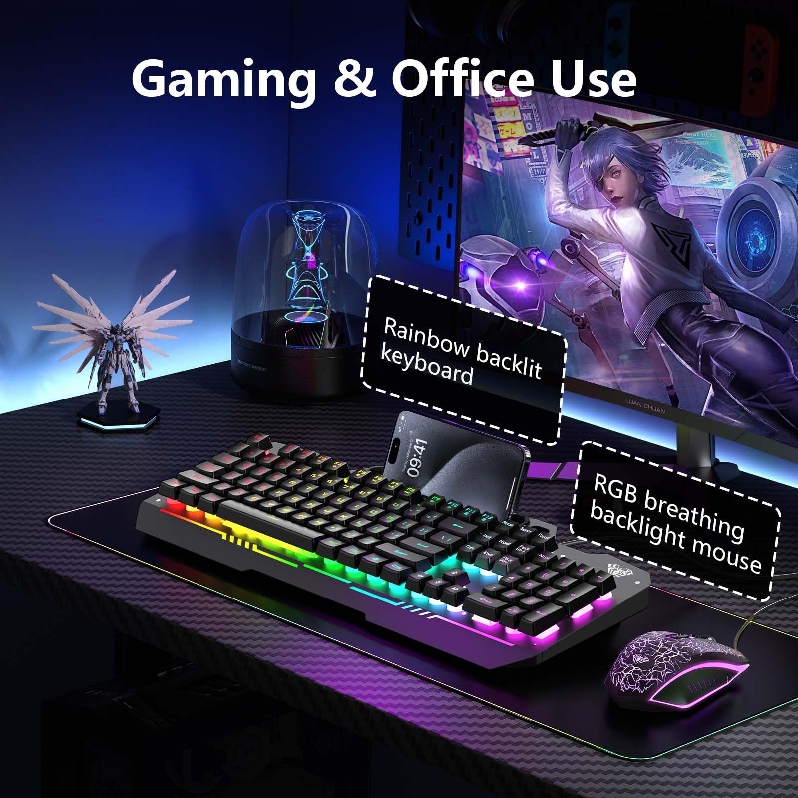 AULA Gaming Keyboard, 104 Keys Gaming Keyboard and Mouse Combo with RGB Backlit, All-Metal Panel, PC Gaming Keyboard Mouse, Wired Keyboard for MAC Xbox PC Gamers (Black Keycaps + Silver Matt Panel)