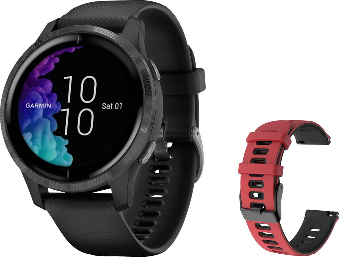 Garmin Venu GPS Smartwatch, 43mm, Lightweight, 5 ATM Waterproof, Phone-Free Music, Built-in Sports APPs, Smart Notifications, Advance Sleep Monitoring, Ghost Manta Silicon Brand (43MM, Black | Red)